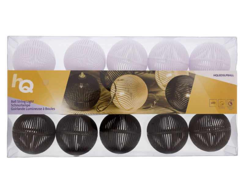 → Sort-Hvid Lyskæde med Kugler / Bolde | Varmt Lys